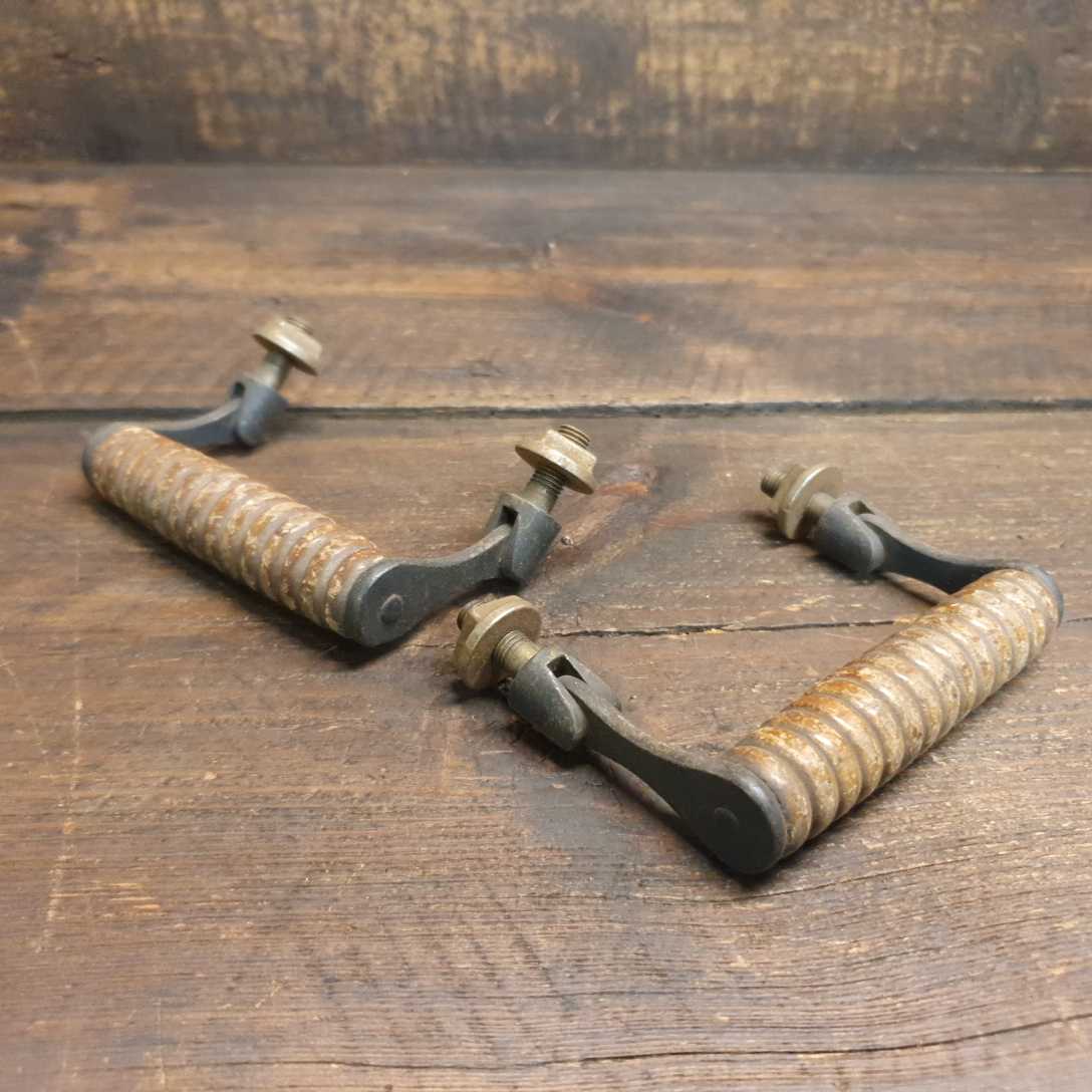 Vintage Pair Cast Iron And Bobbin Turned Wooden Tray Handles | Tooltique