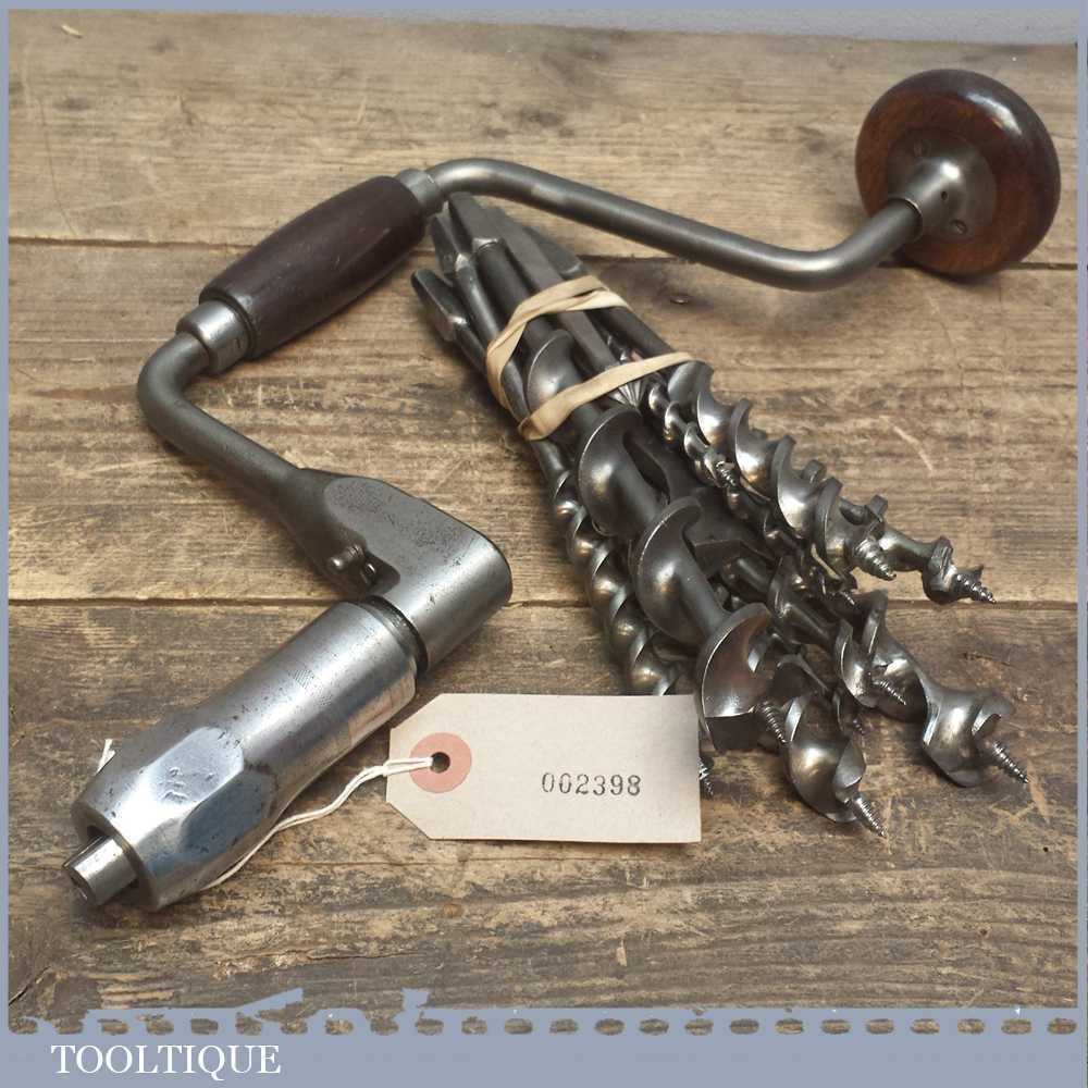 Vintage Wooden Handled Ratchet Brace With Various Twist Bits | Tooltique