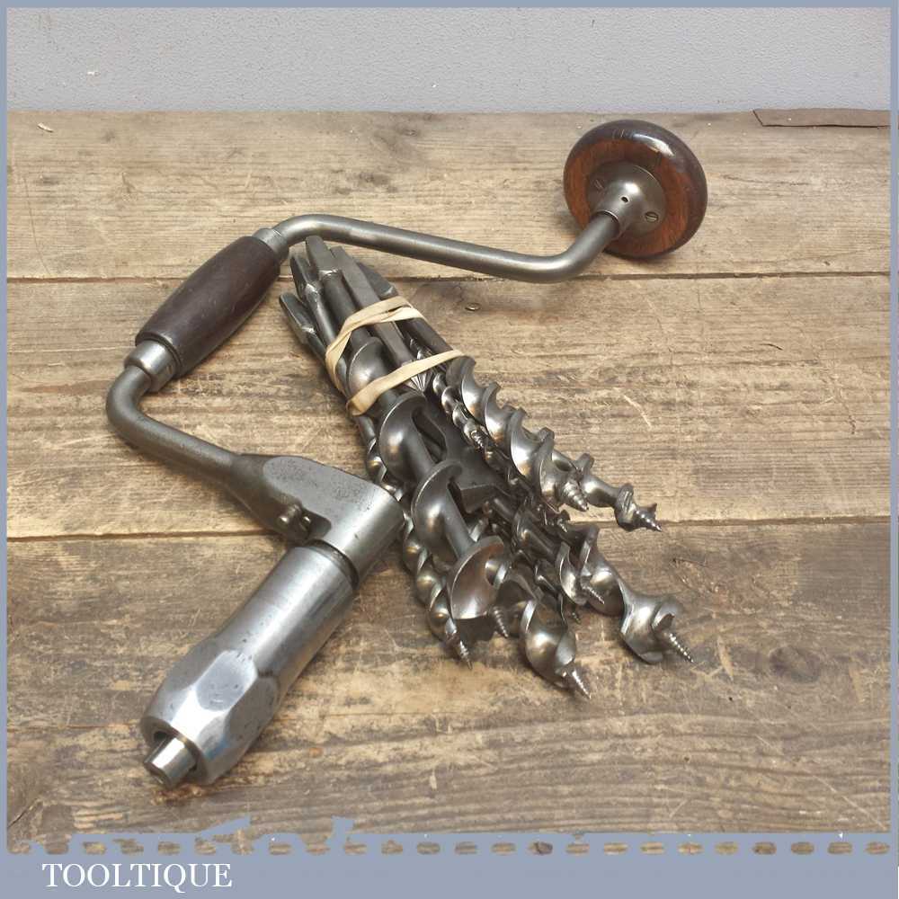 Vintage Wooden Handled Ratchet Brace With Various Twist Bits | Tooltique